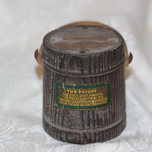 Accents | Vintage Cuss Box Wood Barrel Bucket Coin Piggy Savings Bank ...